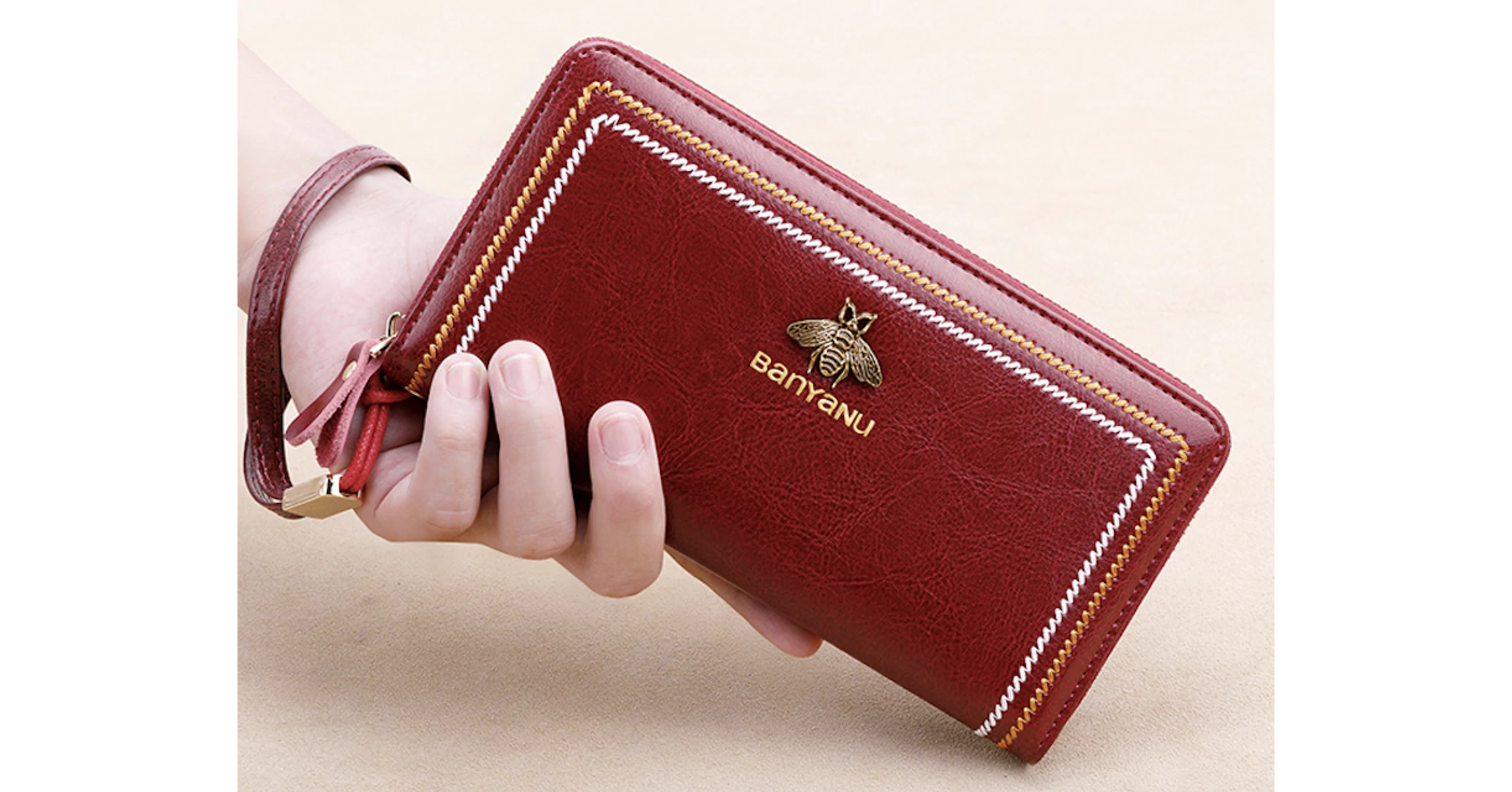 Portofel pentru Dame Din Piele Naturală Vișiniu cu Model cu Cusătură