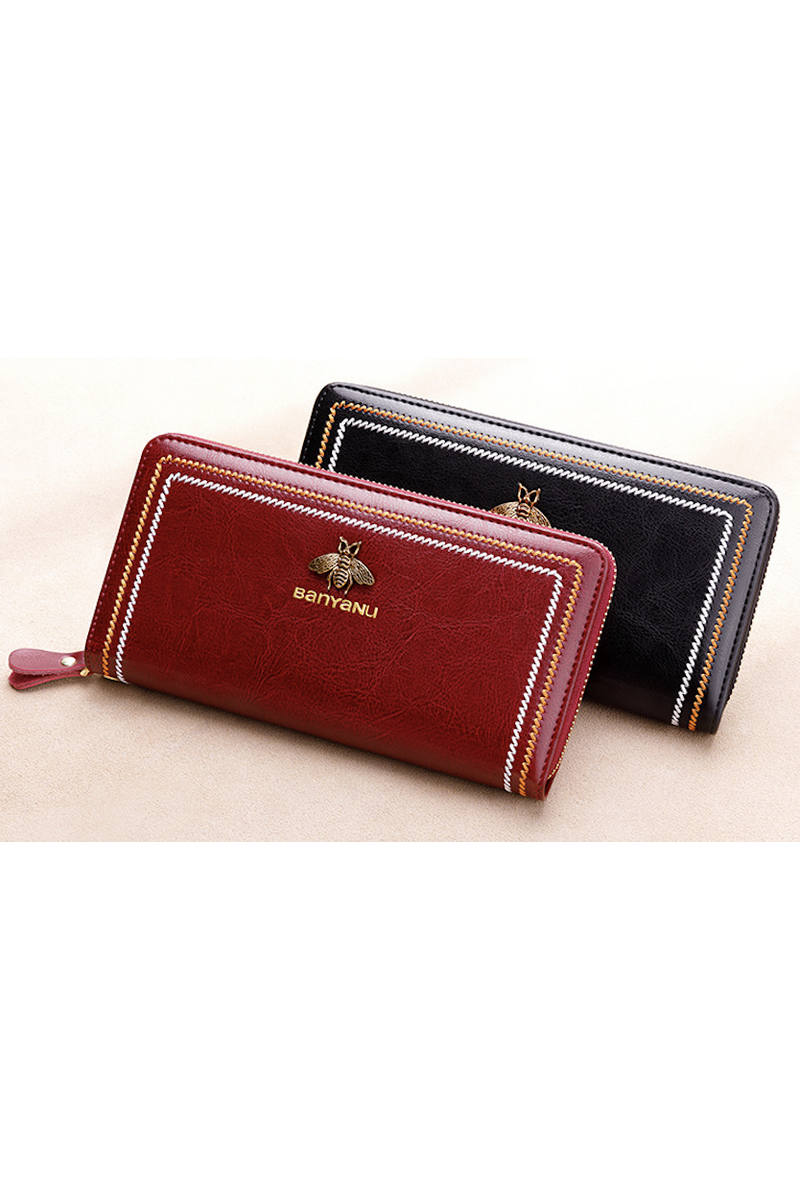 Portofel pentru Dame Din Piele Naturală Vișiniu cu Model cu Cusătură ...