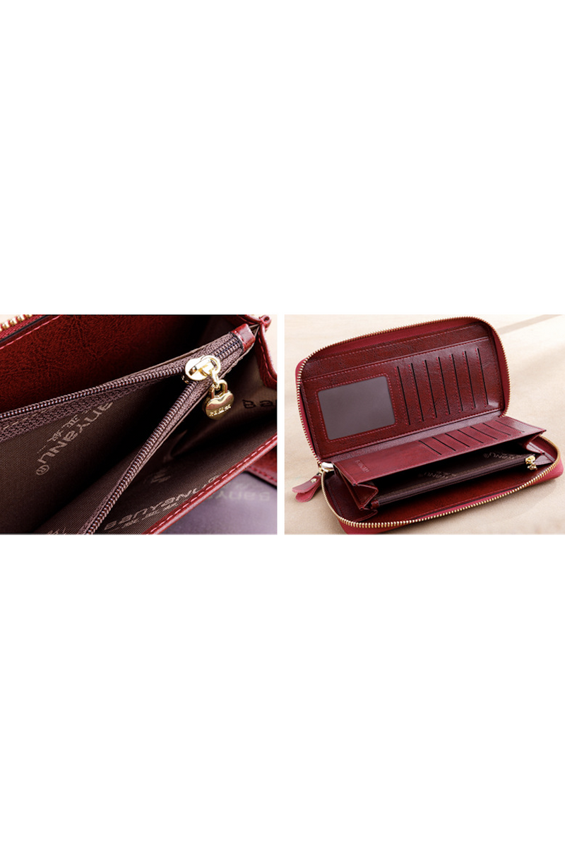 Portofel pentru Dame Din Piele Naturală Vișiniu cu Model cu Cusătură ...