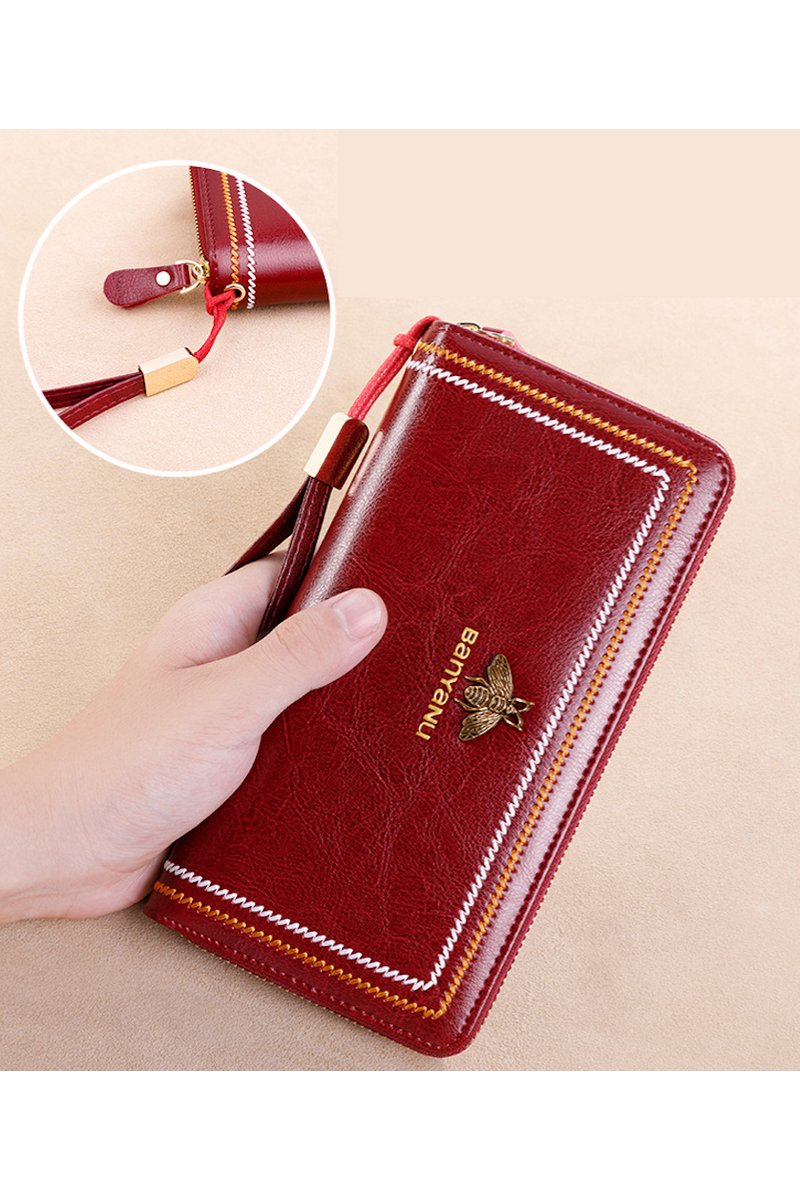 Portofel pentru Dame Din Piele Naturală Vișiniu cu Model cu Cusătură ...